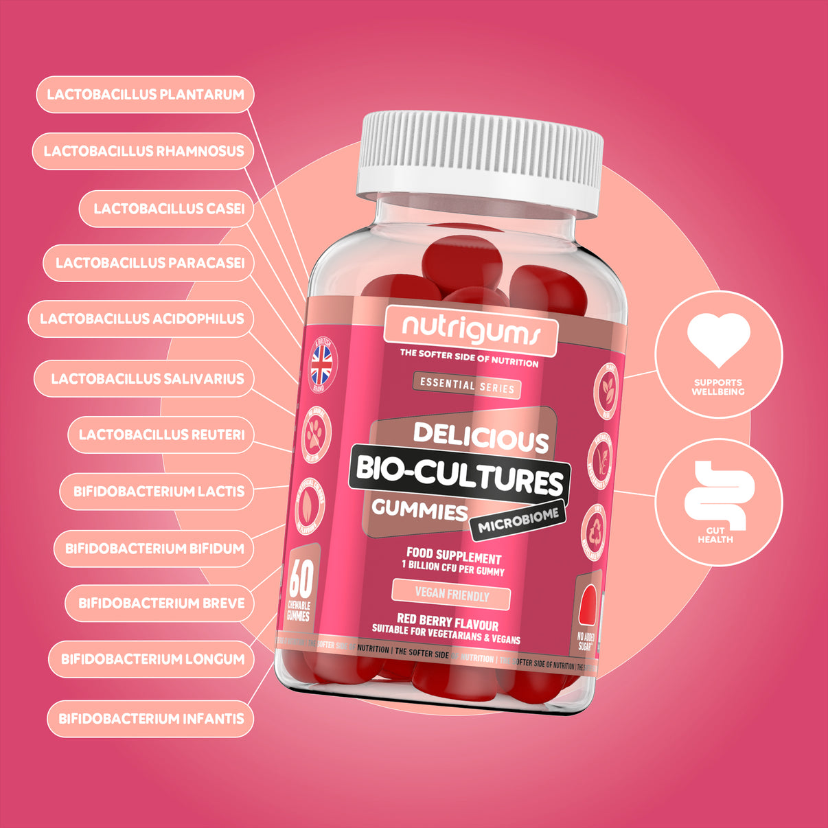Bio-Cultures (Multi Strains) 1 Billion CFU 60 Vegan Gummies Strawberry ...