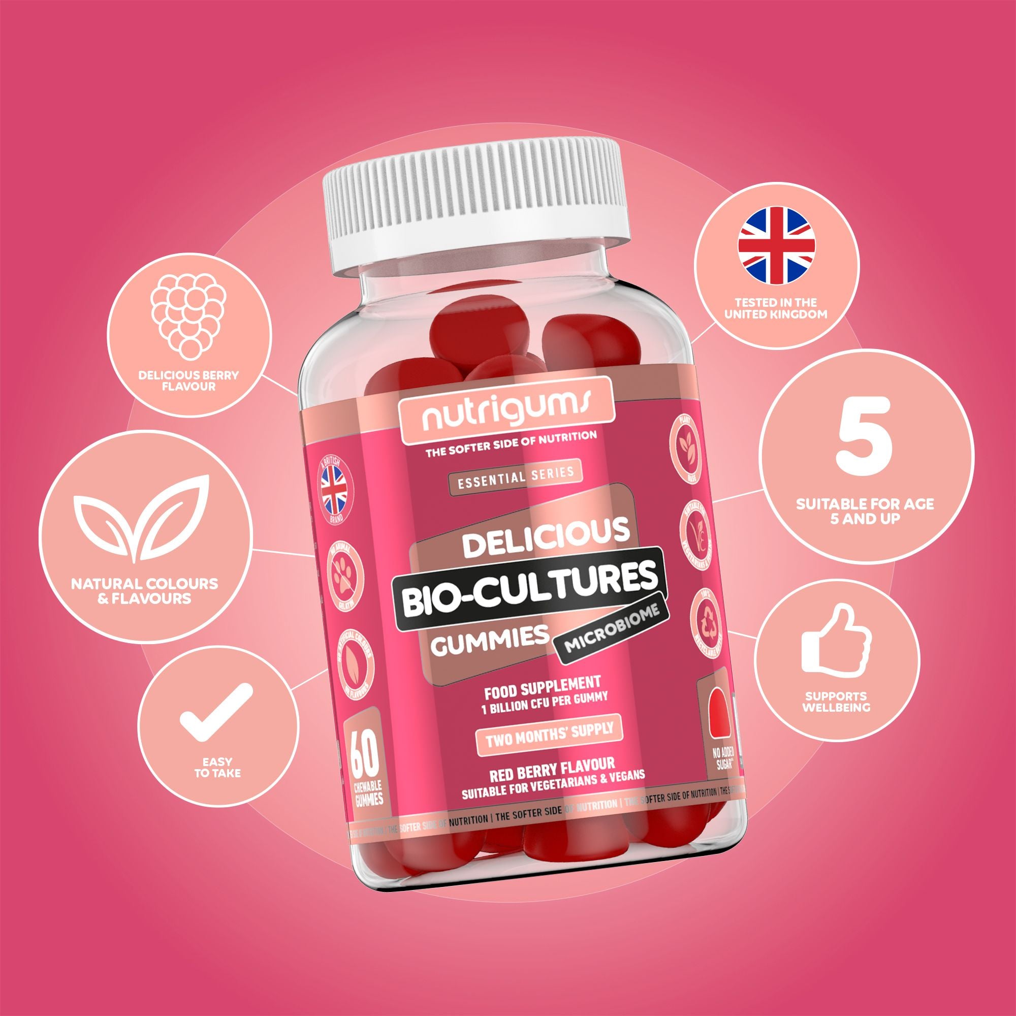 Bio-Cultures (Multi Strains) 1 Billion CFU 60 Vegan Gummies Red Berry ...